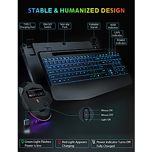 Wireless Keyboard and Mouse Backlits, Wrist Rest, Jiggler Mouse, Rechargeable Ergonomic Keyboard with Phone Holder, Silent Light Up Combo for Computer, Mac, PC, Laptop, Chromebook -by SABLUTE