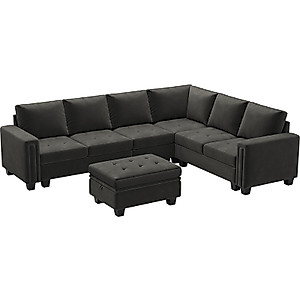 Belffin Velvet L Shaped Sofa Couch with Reversible Chaise Convertible Modular Sectional Sofa Set with Storage Ottoman Corner Sofa Set for Living Room Grey