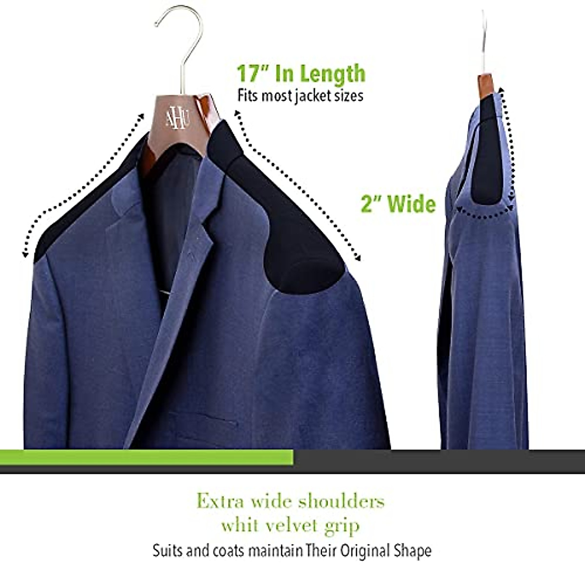 Premiere Luxe Natural Wood Coat Hangers- Wooden Suit Hangers with Clips, Skirt Hangers, Pants Hangers with Clips- Standard Clothing Hangers- Space Saving Hangers (Black with Black Velvet, 6)