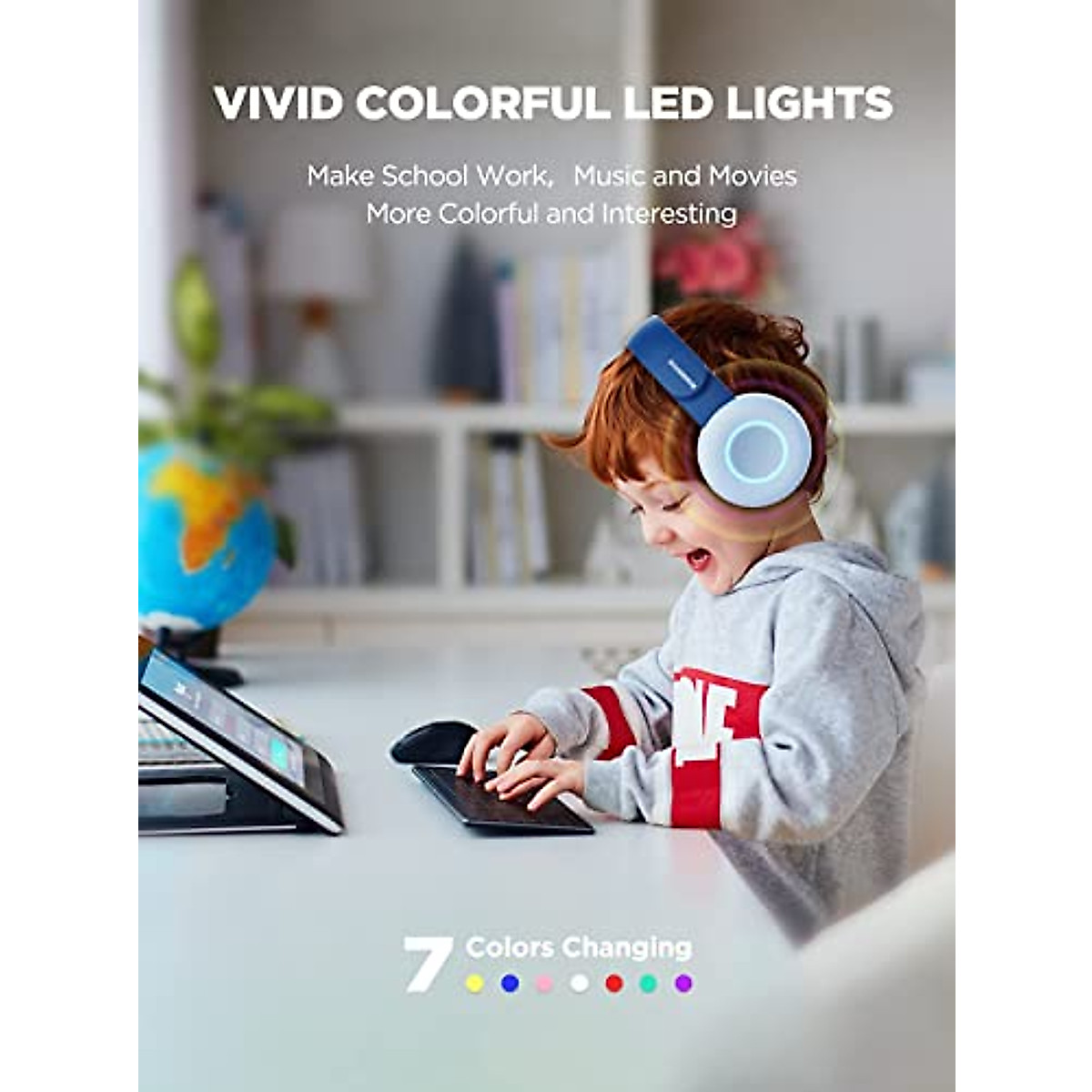 BIGGERFIVE Kids Wireless Bluetooth Headphones with 7 Colorful LED Lights, 50H Playtime, Microphone, 85dB/94dB Volume Limited, Foldable On Ear Headphones for School/Girls/Boys/iPad/Fire Tablet, Blue
