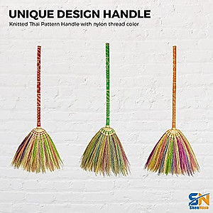 Natural Grass Broom Thai Vintage Retro Handmade Broom, Housewarming Gift, Witch Broom, Thai Broom, Broomstick, Bamboo Stick Embroidered Nylon Handle, Kong Grass Broom, Thick Broomstick, Durable Broom