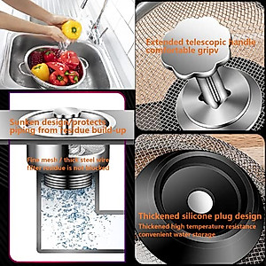 New Kitchen Sink Strainer, 2 Pack Stainless Steel Sink Drain Strainer with Upgraded Telescoping Handle Rubber Stopper, Stainless Steel Universal Anti-clog Kitchen Sink Strainer Sieve Basket Strainer