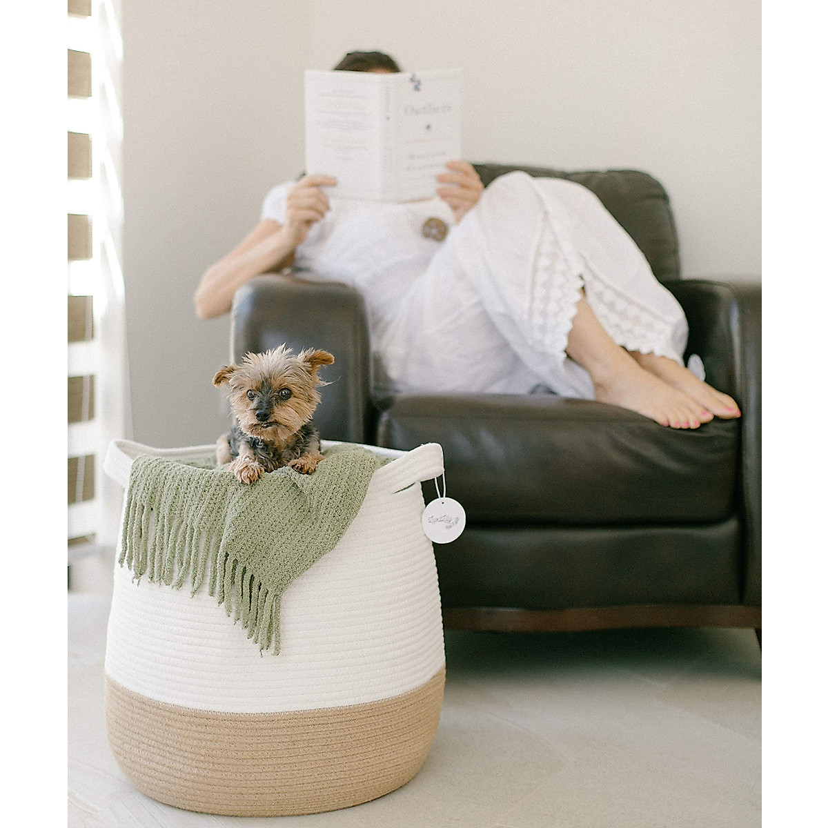 Large Blanket Basket for Living Room - Decorative Woven Baskets for Storage, Cotton Rope Baskets for Storage 16”x18”, Round Basket, Tall Laundry Hamper Basket, LuxiLily Baskets