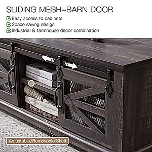 OKD 48'' Coffee Table with Storage & Sliding Barn Doors, Farmhouse & Industrial Center Table w/Adjustable Shelves for Living Room, Rectangular Black Rustic Cocktail Table w/2 Cabinets, Dark Rustic Oak