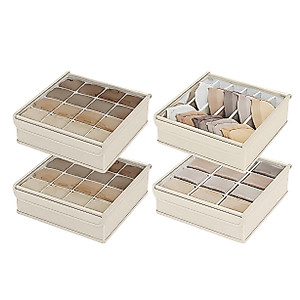 AARAINBOW 4 Packs Underwear Socks Storage Organizer with Lid, Foldable Closet Drawer Organizer with Dividers Wardrobe Storage Boxes Fabric Dresser Bin for Bra Scarf Neck Tie Container (50 Cells Beige)