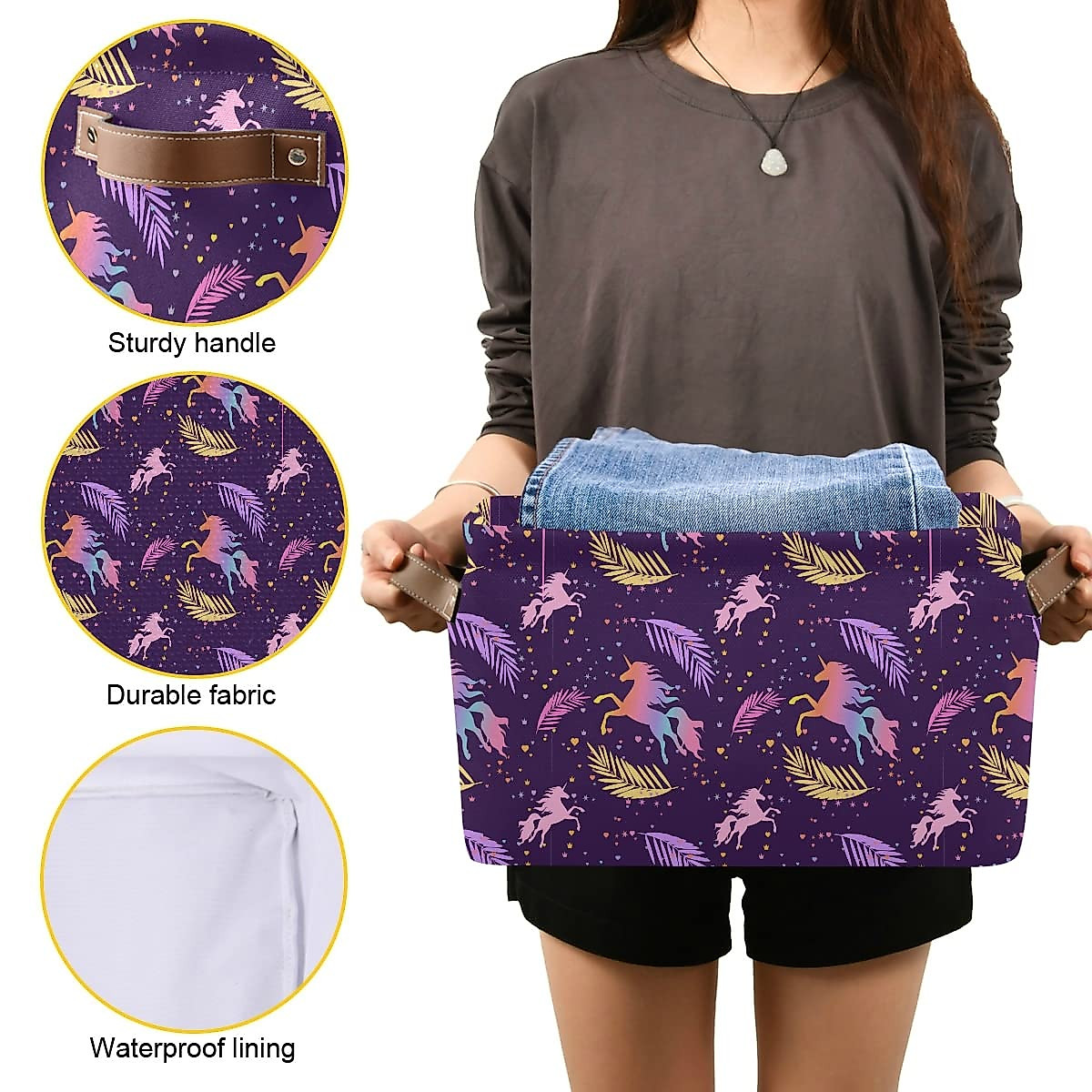 Unicorns Hearts Stars Rectangular Storage Bin Basket with Handles - Nursery Storage, Laundry Hamper, Book Bag, Gift Baskets