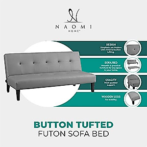 Naomi Home Button Futon Sofa Bed, Faux Leather Futon Couch, Sofa Bed Couch Convertible with Wooden Legs, Folding, Reclining Small Couch Bed, Button Tufted Futon Bed for Living Room