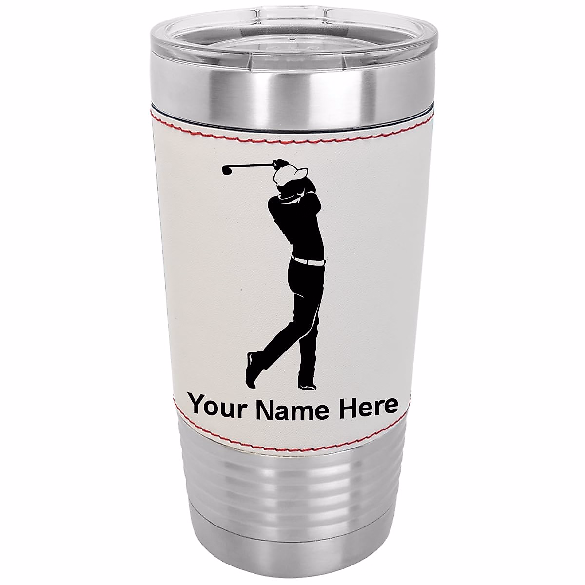 LaserGram 20oz Vacuum Insulated Tumbler Mug, Golfer Golfing, Personalized Engraving Included (Faux Leather, Baseball Style)