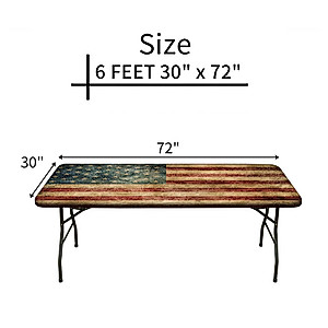 4th of July Rectangle Fitted Tablecloth, American Flag Indenpendence Day Elastic Edged Table Cover, 30x72 Inch, Waterproof Polyester Picnic Table Cloth for Outdoor Indoor Travel Party Patio Use