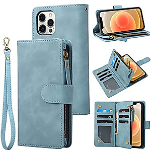 RANYOK Wallet Case Compatible with iPhone 13 Pro (6.1 inch), Premium PU Leather Zipper Flip Folio Wallet RFID Blocking with Wrist Strap Magnetic Closure Built-in Kickstand Protective Case (Baby Blue)