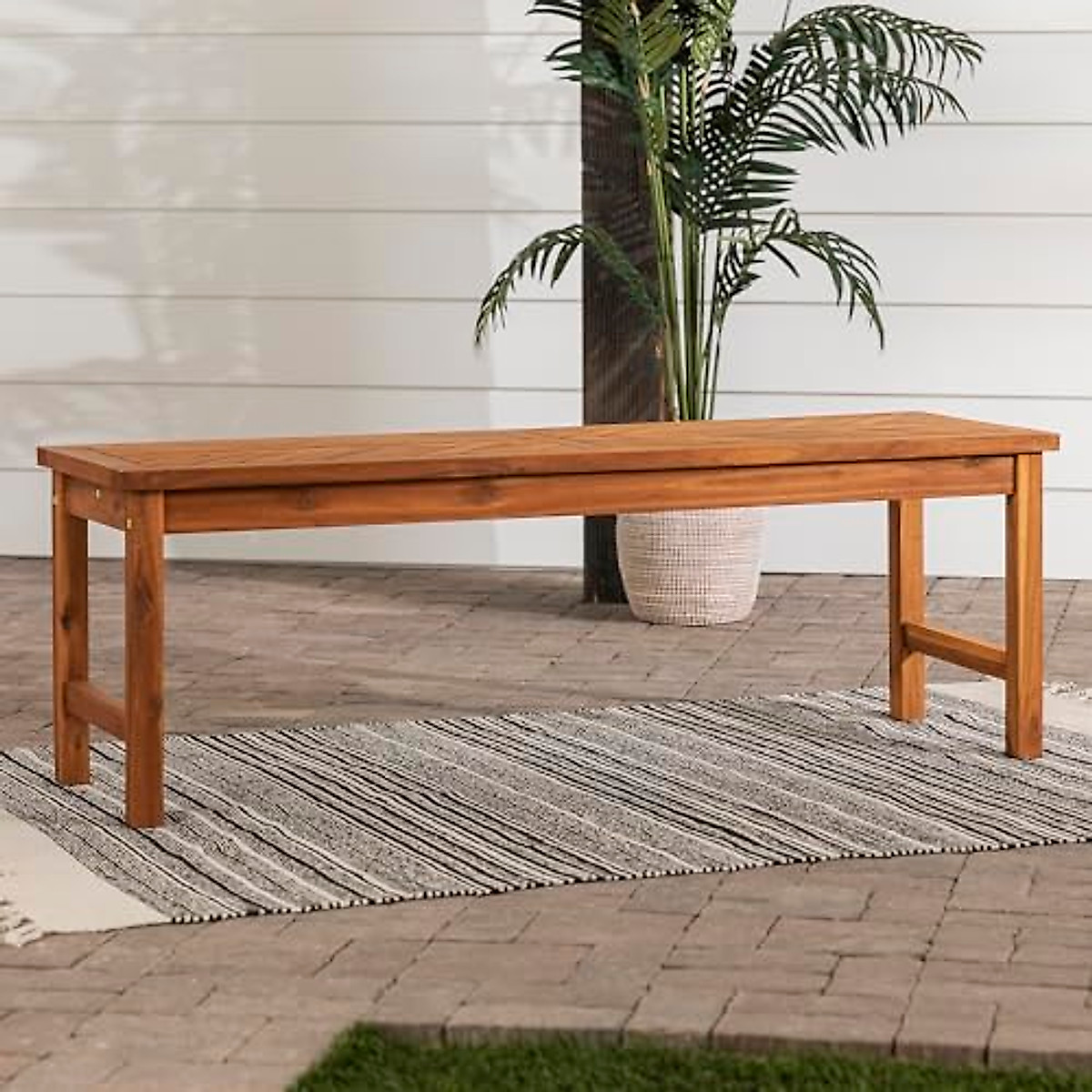 Walker Edison 3 Person Outdoor Patio Chevron Wood Dining Bench All Weather Backyard Conversation Garden Poolside Balcony, 53 Inch, Brown