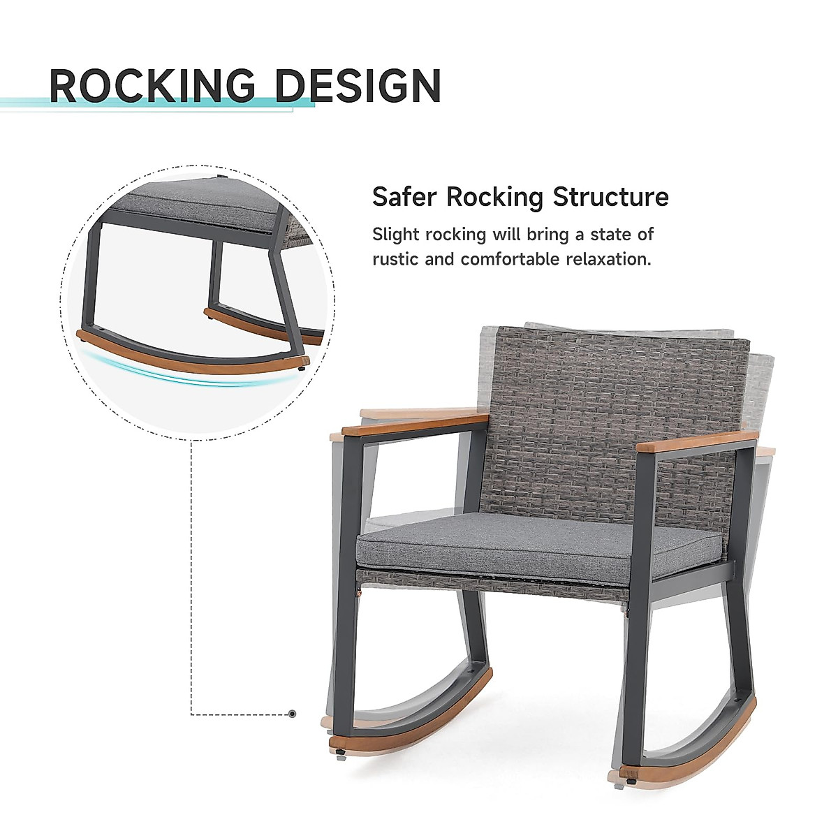 Verano Garden 3 Pieces Rocking Bistro Set, Small Wicker Patio Furniture Set with 2-Tier Coffee Table for Porch,Balcony,Yard,Garden, Light Gray