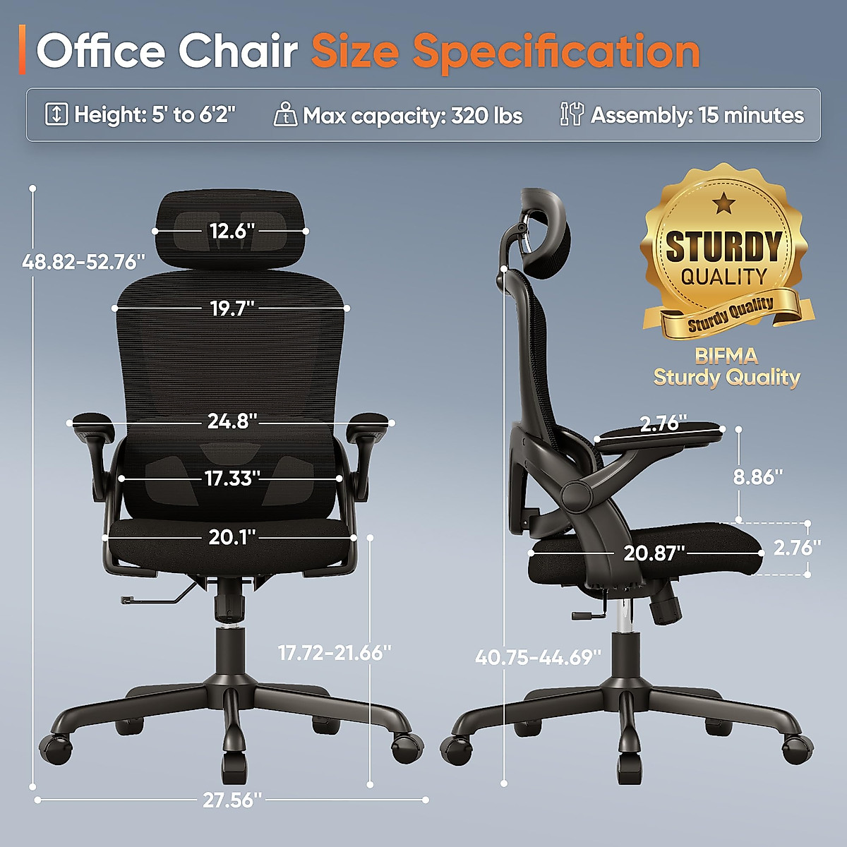 Ergonomic Office Chair, High Back Mesh Desk Chair with Adjustable Lumbar Support, 3D Flip-Up Arms, Headrest, Swivel Rolling Wheel, Big and Tall Comfy Wide Work Task Computer Gaming Chairs for Adults