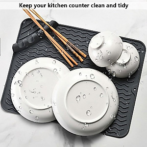 Silicone Dish Drying Mats with Utensils Holder, Heat Resistant Dish Drying Mat for Kitchen Counter, Non-slip Quick Dry Pad for Washing Dishes, Multiple Utensils Sink Dish Drying Mat with Spoon Rest