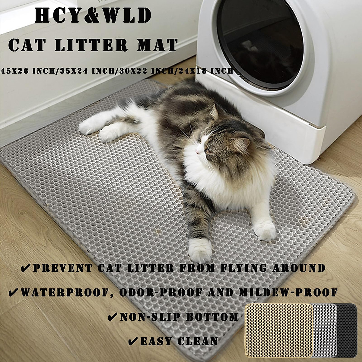 HCY&WLD Cat Litter Mat, 45x26/35x24/30x22/24x18 Inch Double Layer Cat Litter Box Mat, EVA Non-Slip, Waterproof Urine Proof Cat Litter Catcher Mat, Easy Clean Scatter Control (35x24 Inch, Khaki)