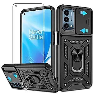 for OnePlus Nord N200 5G Case with HD Screen Protector with Slide Camera Cover, Atump 360° Rotation Ring Kickstand [Military Grade] Shockproof Protective Case for OnePlus Nord N200 5G,Black