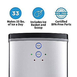 Newair Portable Countertop Ice Maker, Silver | 33 lbs. Of Ice A Day, Ice Cubes Ready In 8 Minutes With 2 Ice Bullet Sizes | Ideal For Home, Office, Bar, RV NIM033SS00