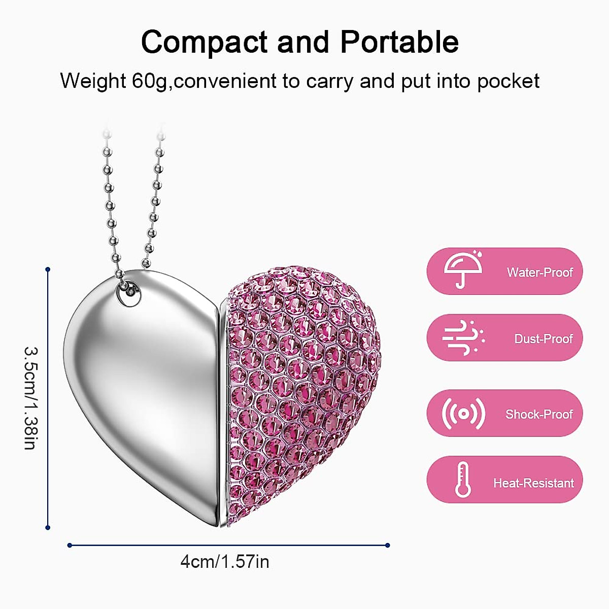 RAOYI 64GB Heart Shape USB 2.0 Flash Drive Crystal Memory Stick Thumb Drive Pen Drive Jump Drive Jewelry Pendant Necklace with Key Chain-Pink