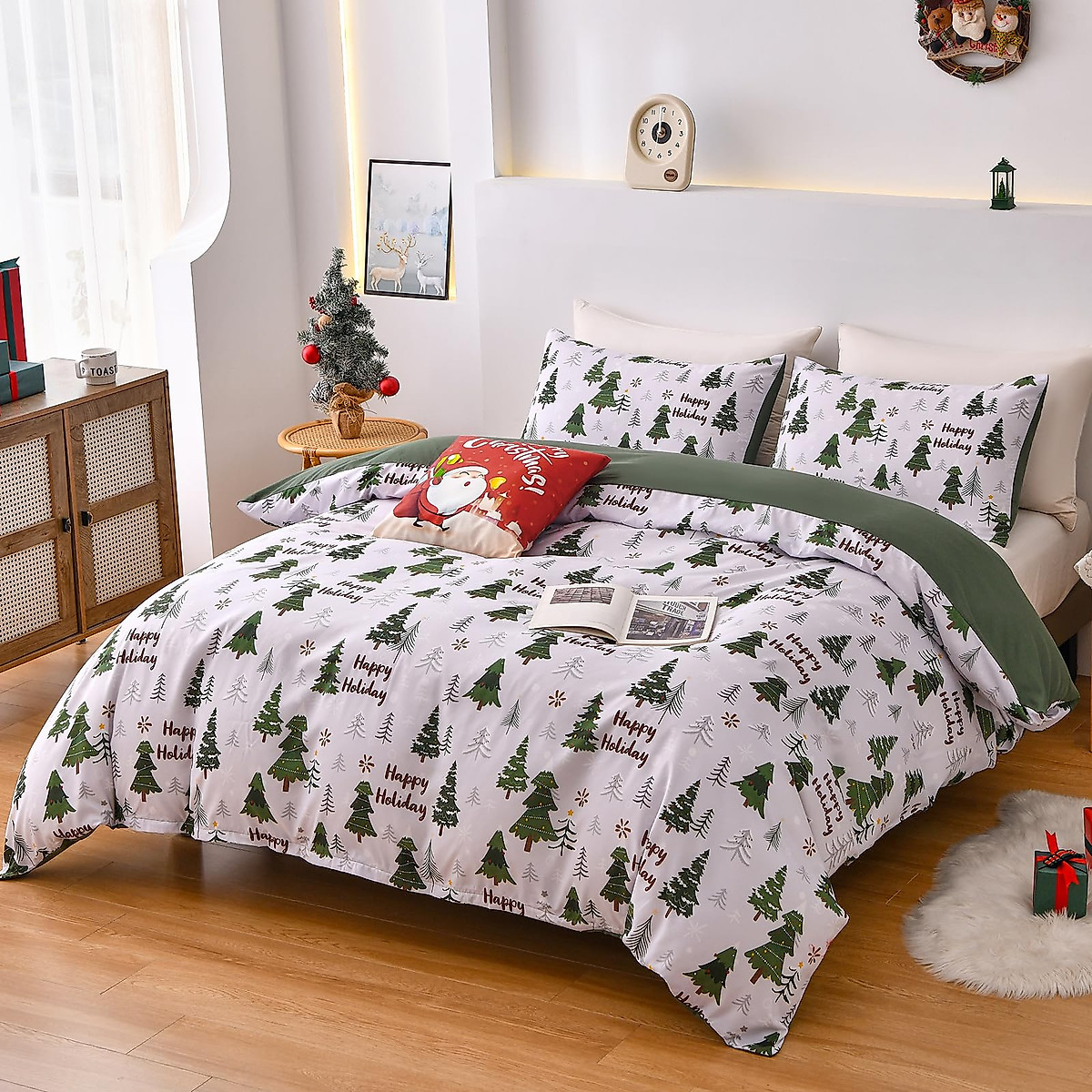 Luxudecor Christmas Duvet Cover Set Queen Size 3 Pieces, Green Christmas Tree Pattern, Soft Microfiber Duvet Cover, Reversible Bedding Set Xmas Holiday Decor(Not Comforter)