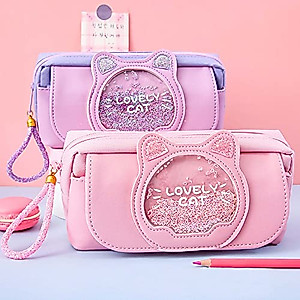 Kawaii Cute cat Pencil case Three-Layer Pencil case Large Capacity Pencil case Cute School Supplies (Blue)