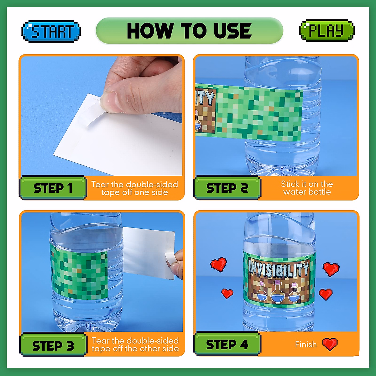 48 Pieces Pixel Waterproof Bottle Labels Miner Bottle Labels Party Decorations Potions Bottle Pixel Themed Birthday Party Supplies for Kids Boys Girls Video Game Pixel Style Birthday Party Favors