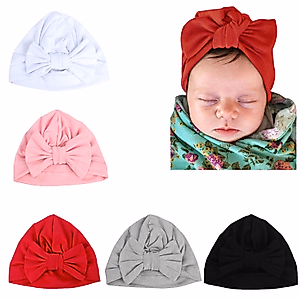 LERTREE 5 Pack Baby Solid Knot Hats Baby Girls Toddler Turban Bow Cap Infant Head Cap