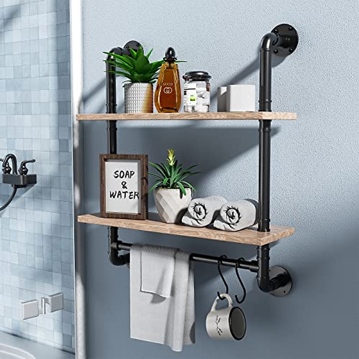 SDMETEI 24 Inch Industrial Pipe Shelf Bathroom Shelves, Rustic Wood Shelf with Towel Bar 2 Tier Farmhouse Industrial Pipe Shelving Towel Rack Over Toilet for Storage