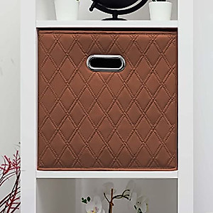 JIAessentials Large 13-inch Brown Foldable Diamond Patterned Faux Leather Storage Cube Bins Set of Four with Handles with Dual Handles for living room, bedroom and office storage