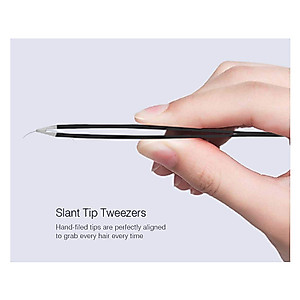 Tweezers Set 4Pcs with Leather Case, Precision Stainless Steel Tweezers for Eyebrows Splinter Facial Hair, Slant Flat Point Angle Tips