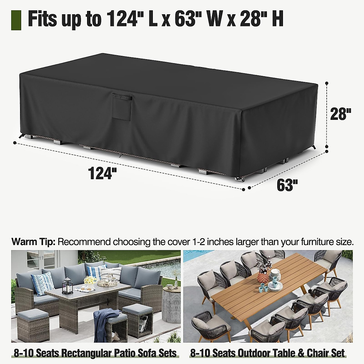MR. COVER Patio Furniture Covers Waterproof, Outdoor Furniture Cover Fits up to 124L x 63W x 28H Inches, Rectangular Table and Chair Set Covers Rip-resistant Material with Windproof Buckles