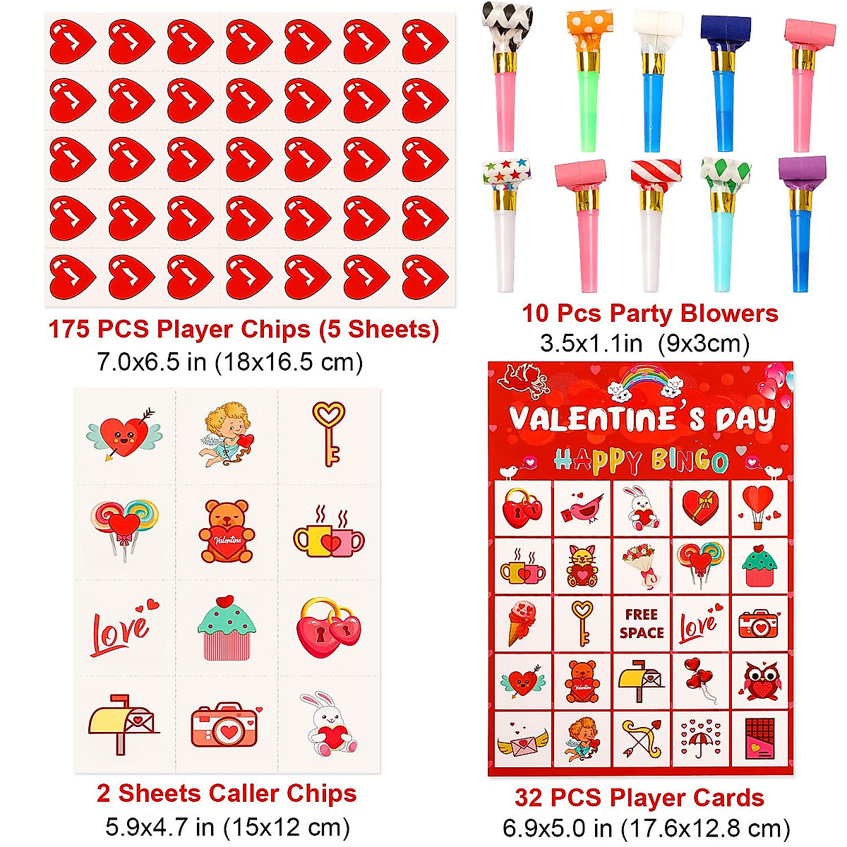 Valentine’s Day Bingo Game for Kids, Bingo Cards with 32 Players & 10 Pcs Party Blowers for Valentine Party Games, Valentine Crafts School Classroom Party Favor Activities,Holiday Party Craft Supplies