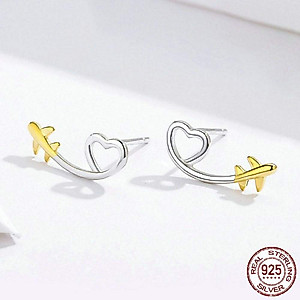 925 Sterling Silver Earrings for Women Heart-Shaped Airplane Small Earrings Stud Trendy Unique Aesthetic Dainty Minimalist Hippie Kpop Earrings Bulk