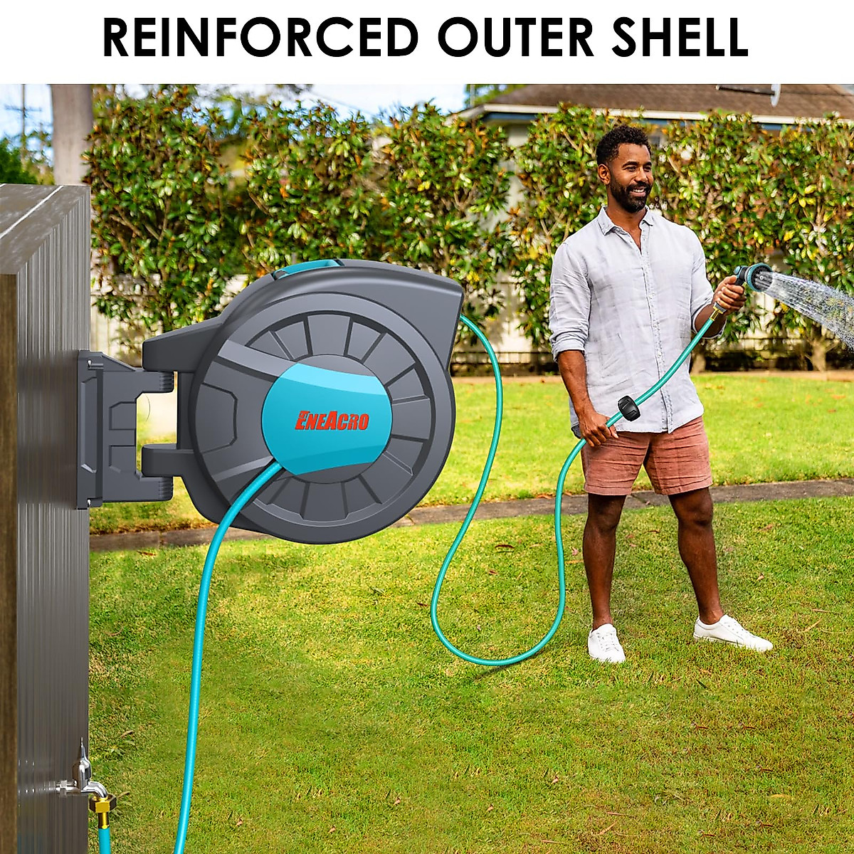 ENEACRO Retractable Garden Hose Reel with Wall Mount 1/2"×120ft with 10 Pattern Hose Nozzle, Brass Connector, Auto Rewind/Any Length Lock/ 180° Swivel Bracket, Ideal for Garden Watering