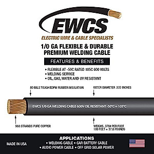 EWCS 1/0 Gauge Premium Extra Flexible Welding Cable 600 Volt - Black - 10 Feet- Made in the USA