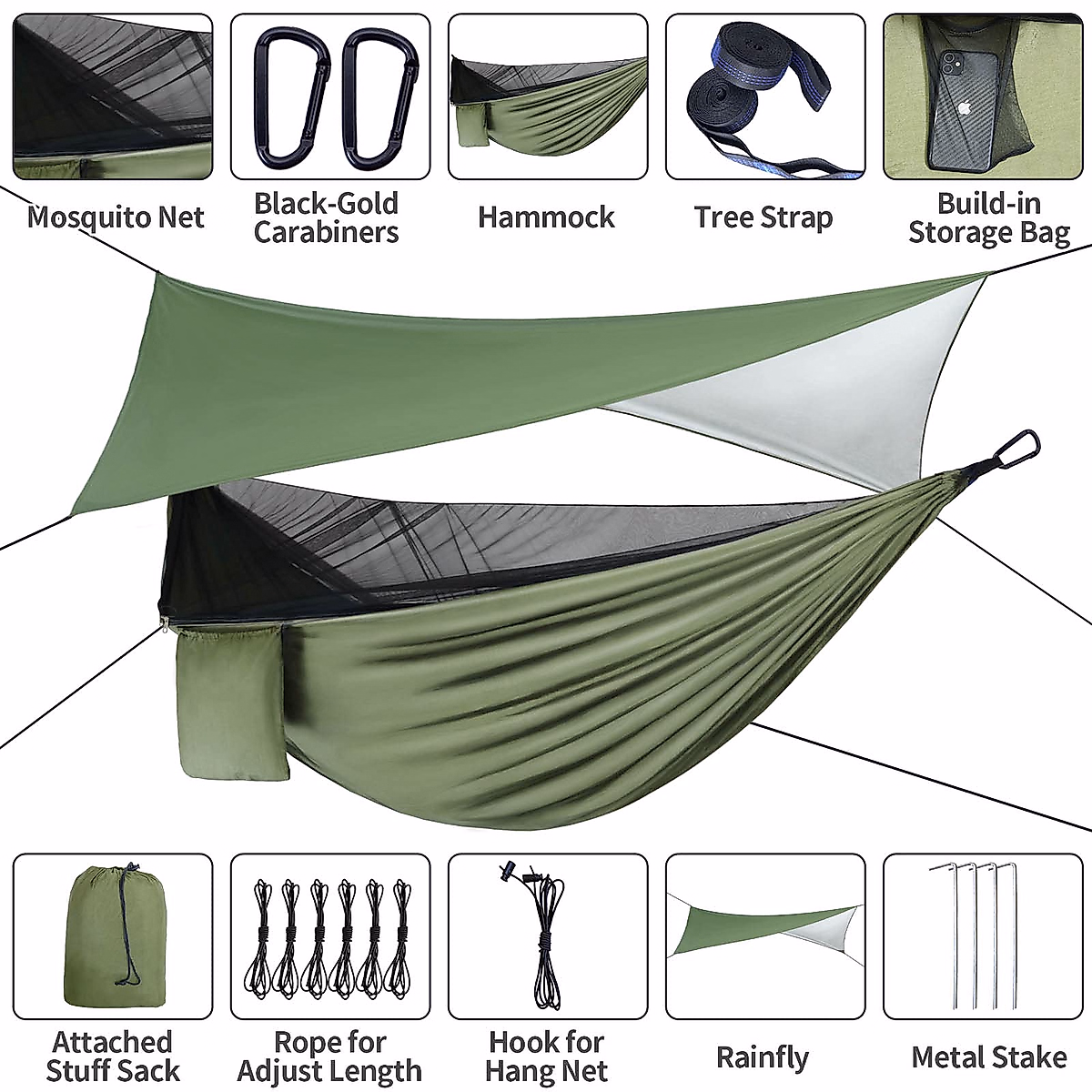 gymolo Camping Hammock - Hammocks with Mosquito Net Tent and Rain Fly Tarp, Portable Single & Double Nylon Parachute Hammock with Heavy Duty Tree Strap, Indoor Outdoor Backpacking Survival Travel