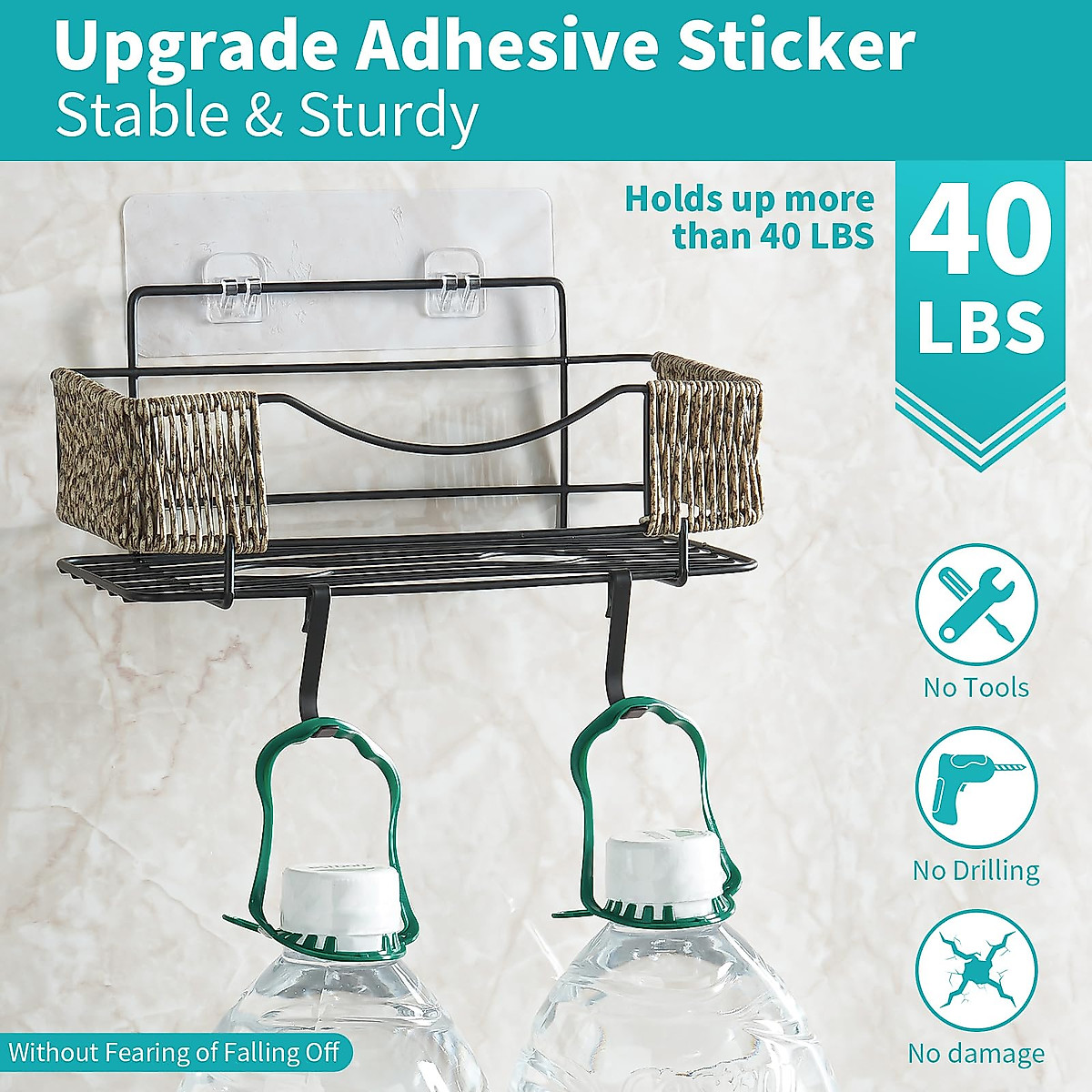 KINBEAR Shower Shelf Caddy Adhesive, Rustproof Shower Shelves for Inside Shower 2 Pack Bathroom Organizer Shampoo Holder for Shower Wall No Driling with Upgrade Sticker - Weaved Rattan Gray