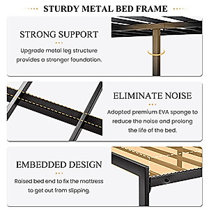 SHA CERLIN King Size Bed Frame with Upholstered Headboard, Platform Bed Frame with Metal Slats, Button Tufted Square Stitched Headboard, Noise Free, No Box Spring Needed, Easy Assembly, Dark Grey