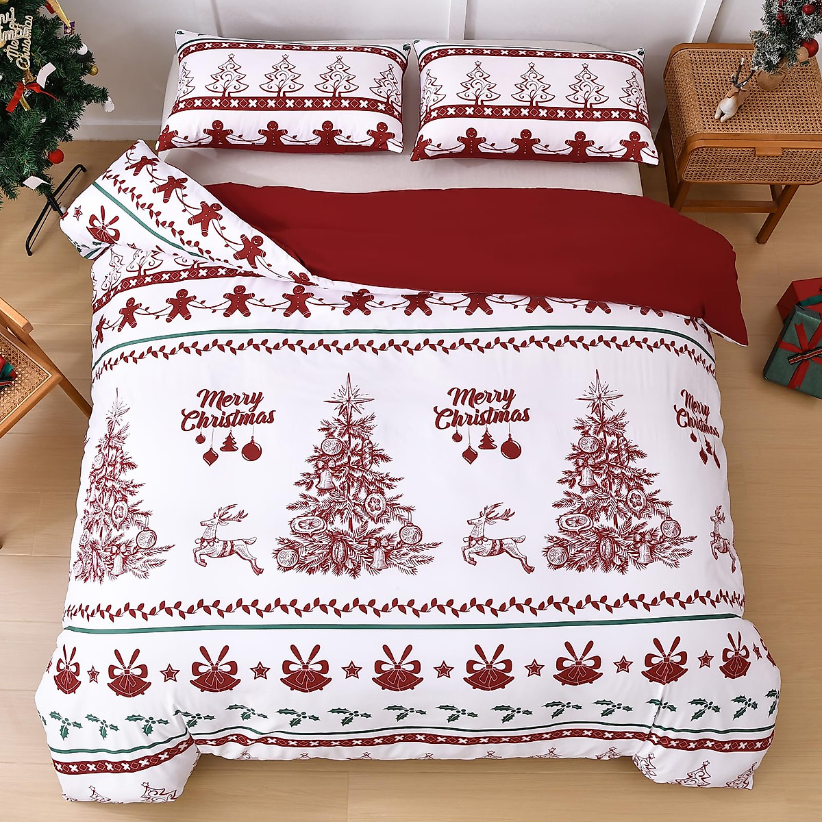 Xruibed Christmas Duvet Cover Set Queen Size 3PCS Xmas Tree Reindeer Pattern Duvet Cover Lightweight Microfiber Bedding Set with Zipper Closure for Adults Teens (Queen,90''x90'')