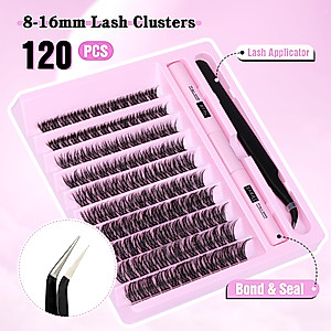 Lash Extension Kit 120 Pcs Lash Clusters DIY Eyelash Extension with Waterproof Lash Bond and Seal and Lash Applicator for Individual Cluster Lashes Extensions Kit by ALPHONSE (8-16MM)