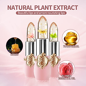 3 Pcs/Set Flower Jelly Lipstick Set Temperature Change Moisturizer Long Lasting Nutritious Balm Magic Color Change Lip Gloss (3Pcs Flower Jelly Lipstick A)
