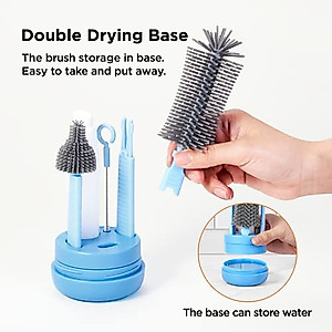 VOGOGE Travel Bottle Brush Set with Stand, Portable Baby Bottle Cleaning Kit Includes Nipple Brush and Straw Cleaner Brush (Blue)
