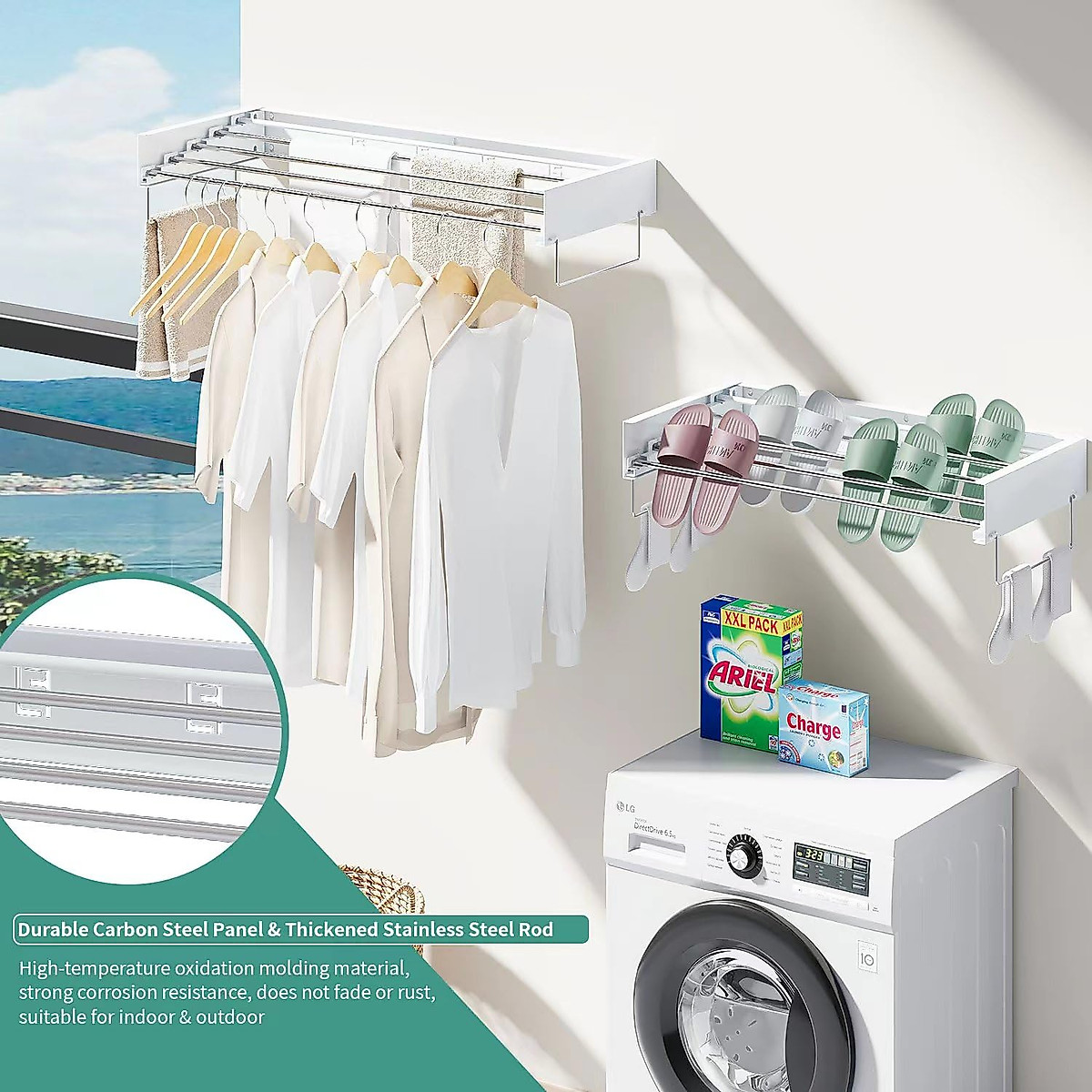 Wall Mounted Drying Rack, Laundry Drying Rack Collapsible, Clothes Drying Rack, Towel Drying Rack for Indoor & Outdoor with Wall Template & 5 Rods, 60 lb Capacity, 31.5” Wide, 13.5 Linear Ft, White