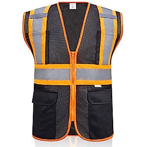SULWZM High Visibility Reflective Safety Vest with Zipper and Pockets Black,XXL
