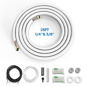 ROVSUN 25 Ft Mini Split Line Set, 1/4" & 3/8" O.D. Flared Copper Tubing Pipes & 3/8" Thickened PE Insulated Coil with Nuts & Installation Kit for Mini Split Air Conditioner & Heat Pump System