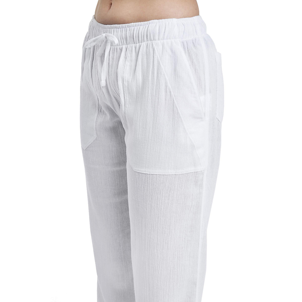 J CE Women's Cotton Gauze Low Waist Beach Pants with Pockets (White, XXXL)