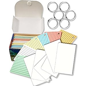 300 ruled index cards with rings (3" x 5") in 6 colors, with storage box. Ideal for students, teachers, note-taking, and language learning. Made in USA.