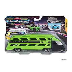 Micro Machines Mini Vehicle Hauler in Green - Includes One Exclusive MM Car - Open The Top of The Trailer/Lower The Back Ramp, Load Up to Eight Cars - Collect Them All