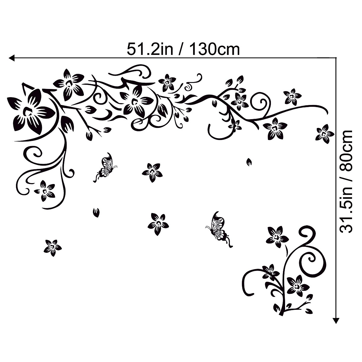 RW-027 Removable Black Vinyl Flower Vines Wall Decal Butterfly Wall Stickers Floral Wall Decor 3D Peel and Stick Art for Girls Bedroom Nursery Living Room Kids Babys Rooms Classroom Wall Decoration