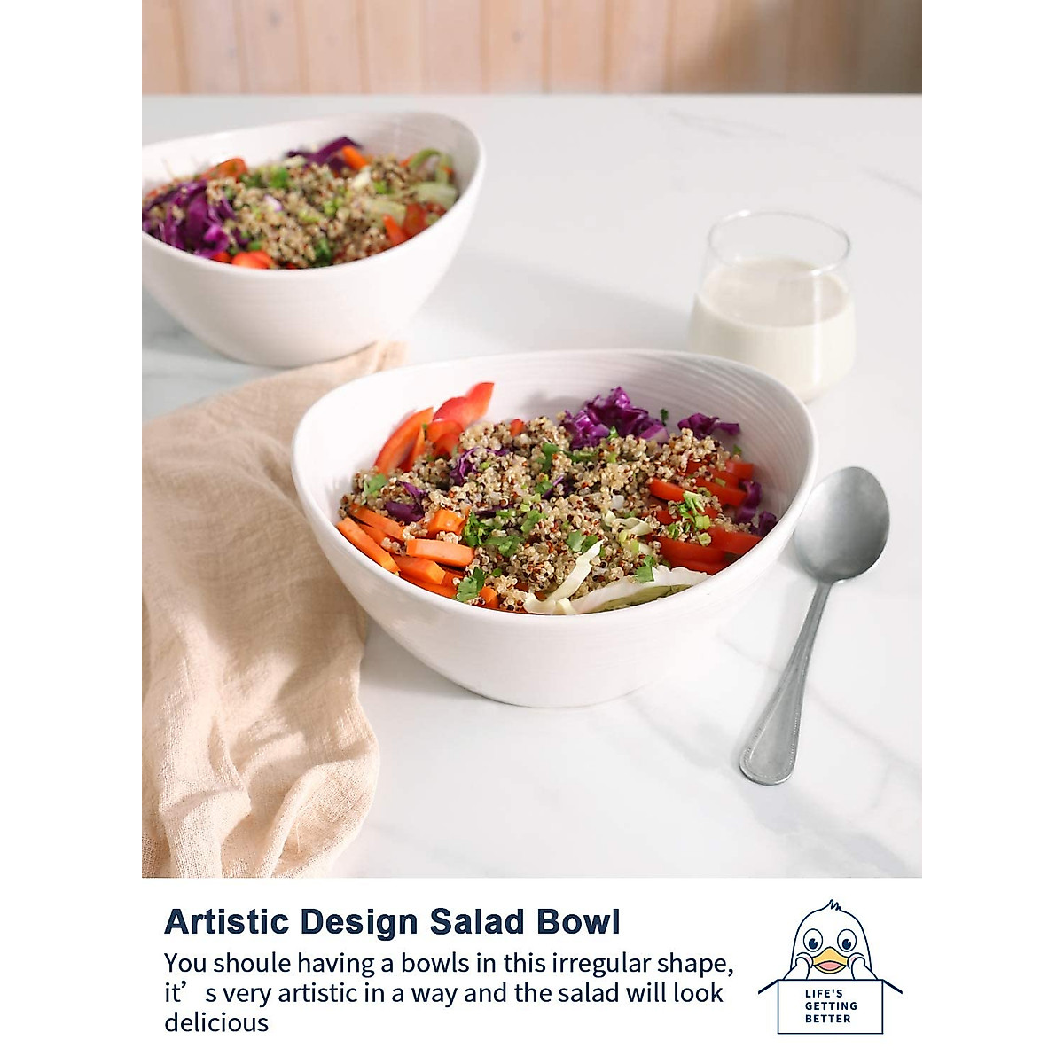 LE TAUCI Salad Bowls 44 Ounce, Ceramic Kitchen Serving Bowl Sets for Pasta, Cereal, Popcorn, Snack, Oven Dishwasher & Microwave Safe - 8.5 inch, Set of 4, White