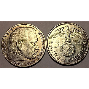 1936 DE - 1939 Nazi German Five Reichsmark WWII $5 Reichsmark Choice Very Fine Details